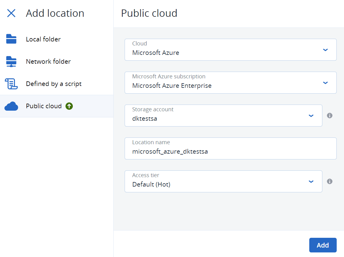Defining a backup location in Microsoft Azure