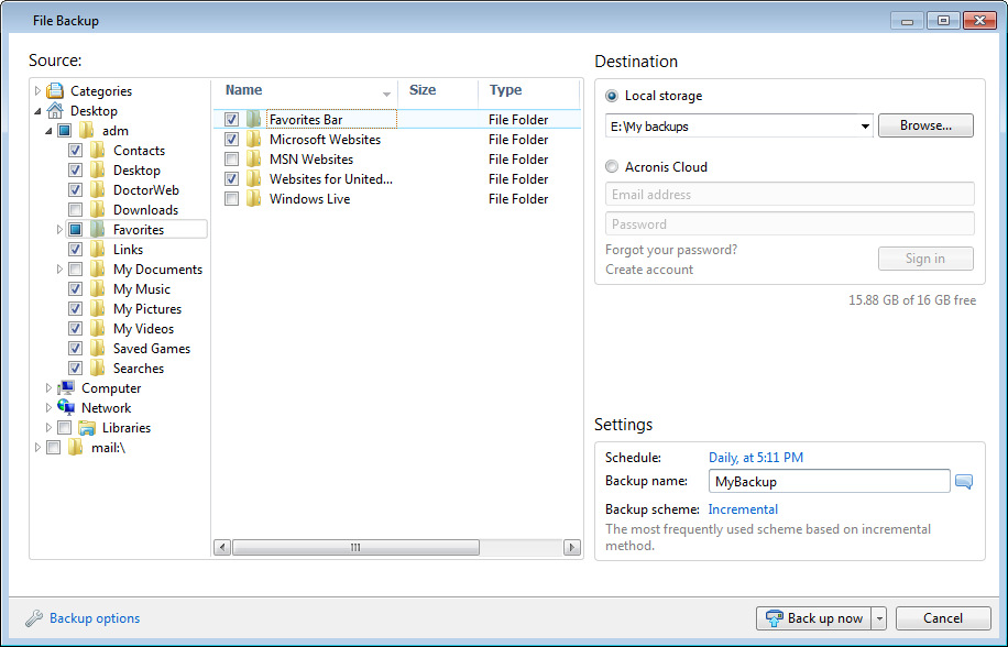Backing up files and folders